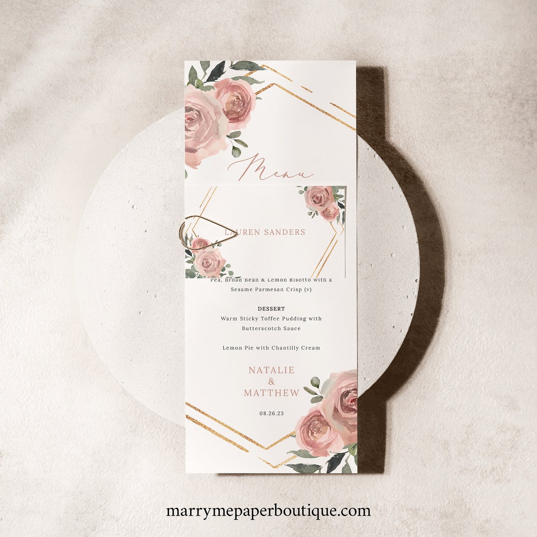 Wedding Menu With Name Card Template Dusky Pink Floral - Etsy