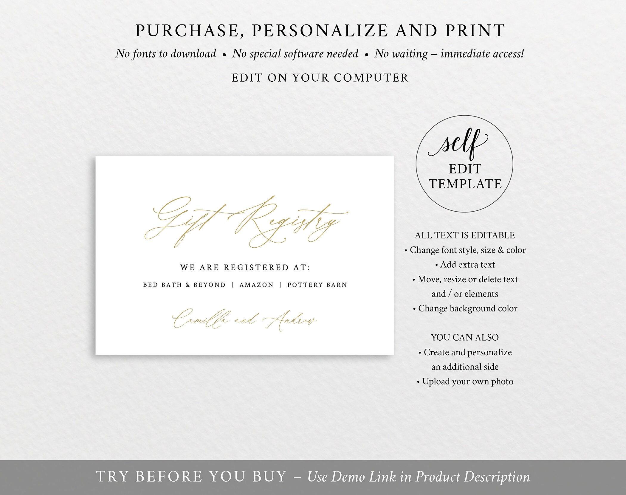 Gift Registry Card Template Stylish Gold Script Demo | Etsy