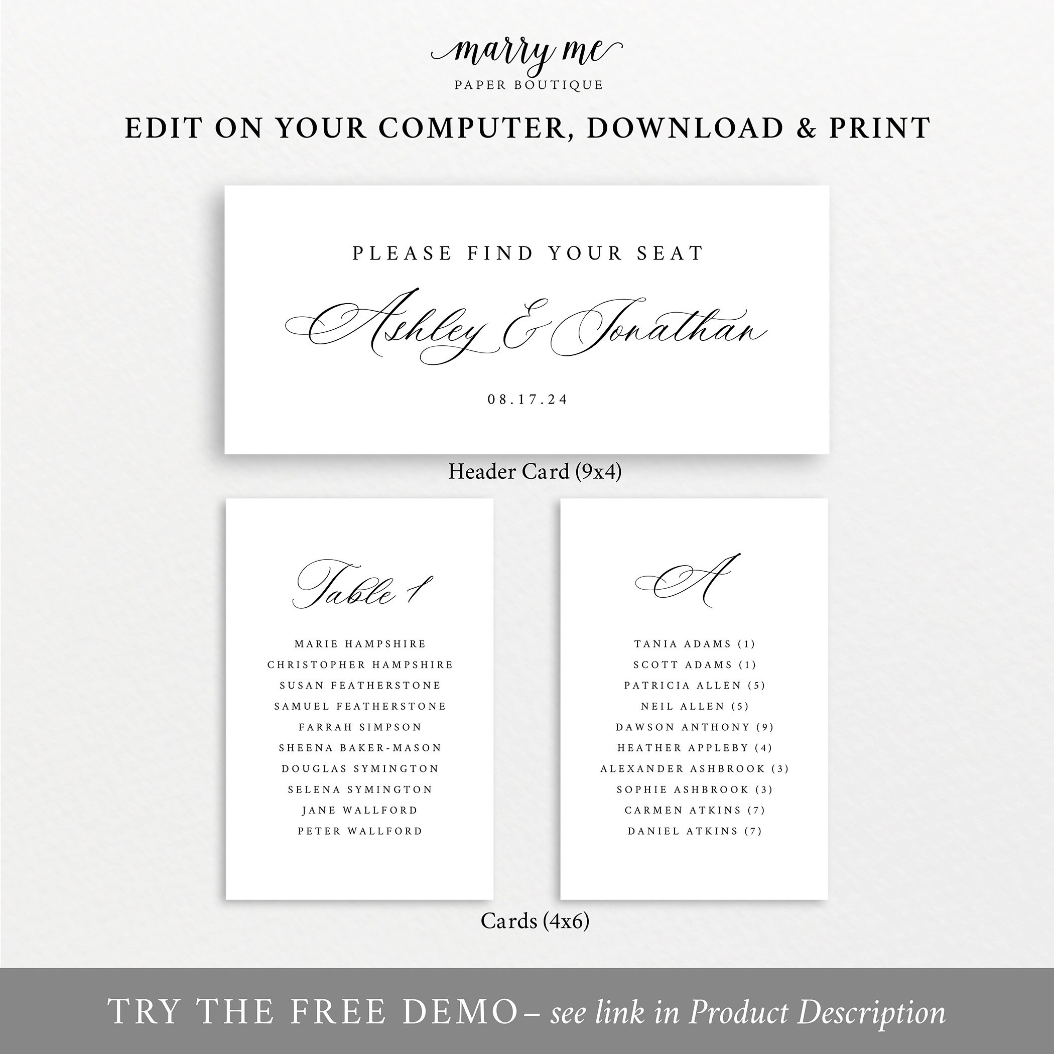 Seating Chart Cards Template Elegant Classic Calligraphy - Etsy