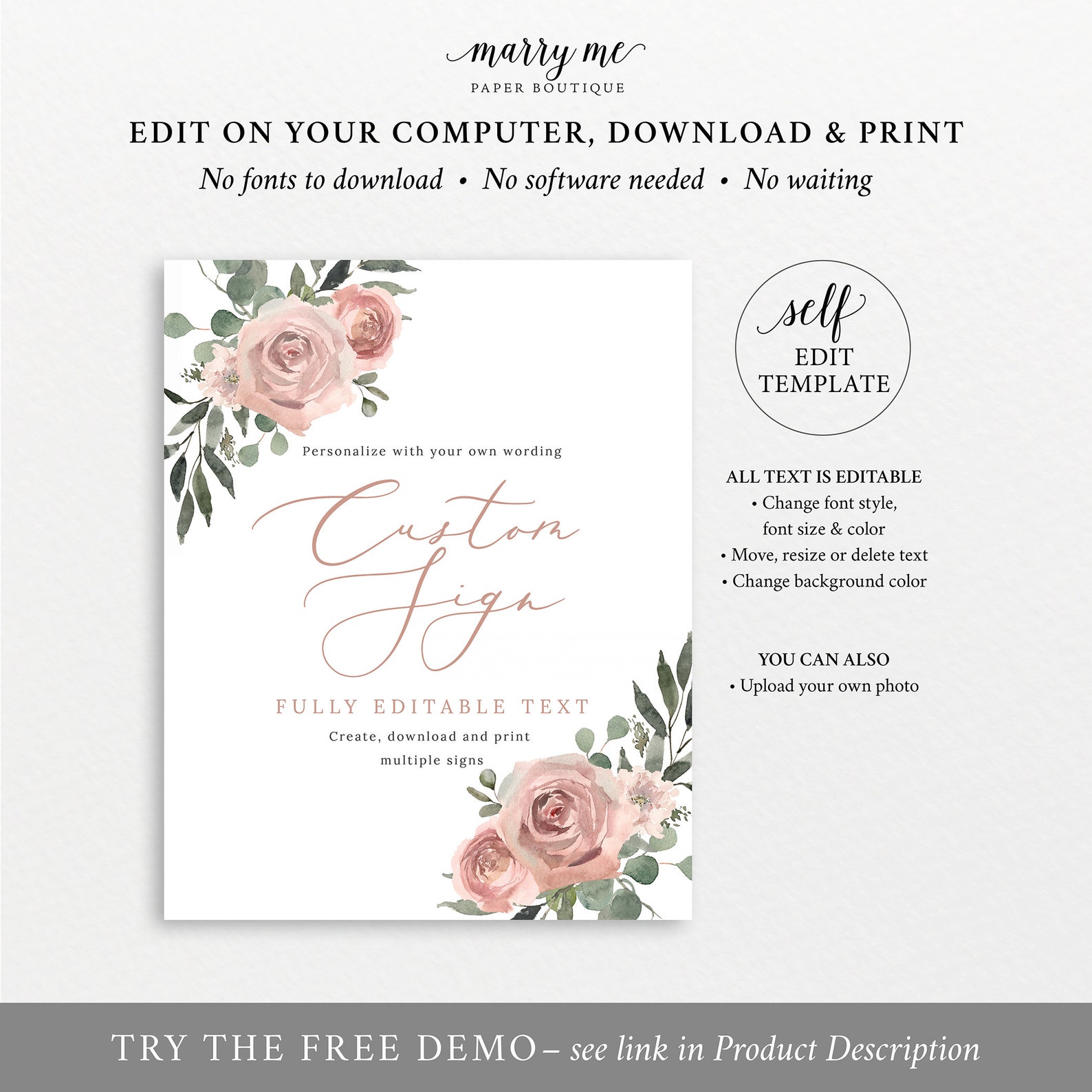 Wedding Sign Bundle Template Set Dusky Pink Floral Editable | Etsy