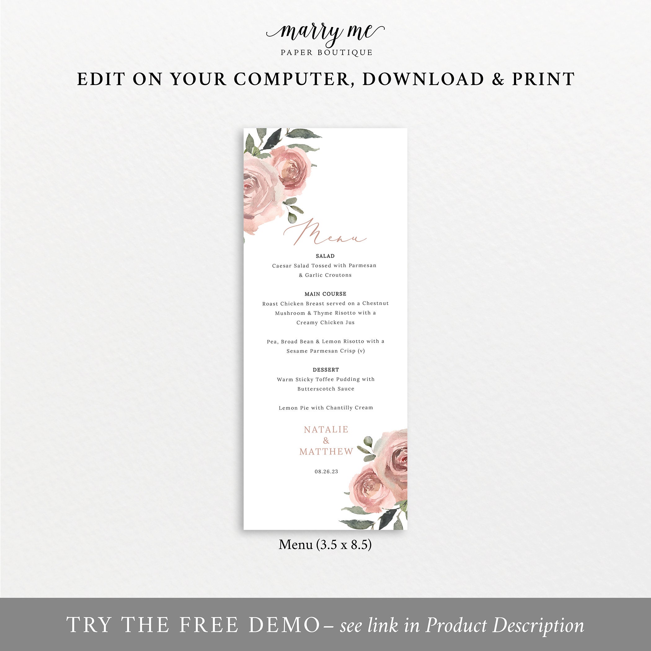 Wedding Menu Card Template Dusky Pink Floral Wedding Table - Etsy