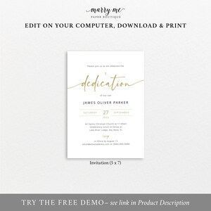 Dedication Invitation Template, Gold Modern Script, Printable, Editable ...