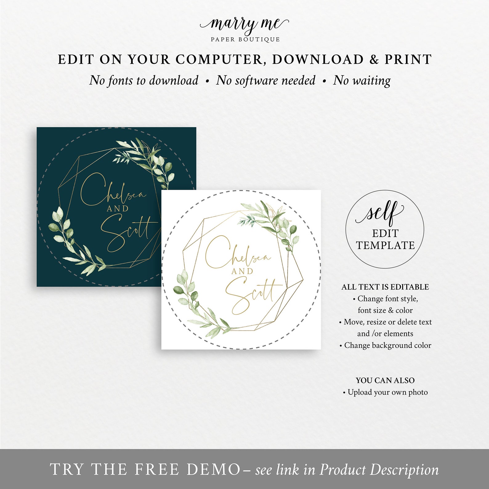 Round Favor Tag Template Greenery & Gold Round Wedding Label | Etsy