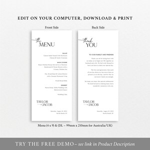 Wedding Menu & Thank You Card Template, Modern Classic, 4x9, DIY Menu ...