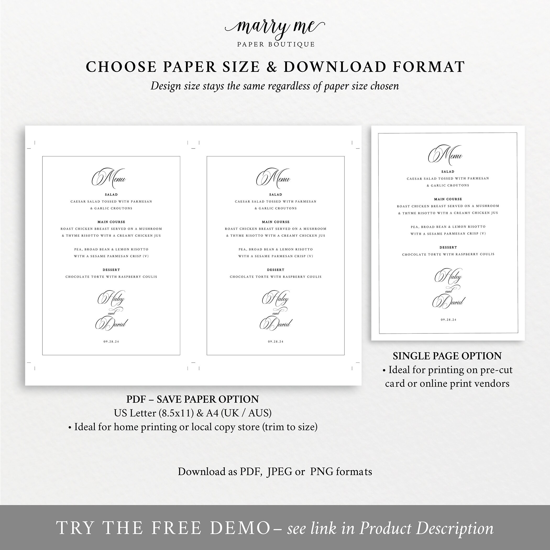 Wedding Menu Template Classic Calligraphy & Border Editable - Etsy