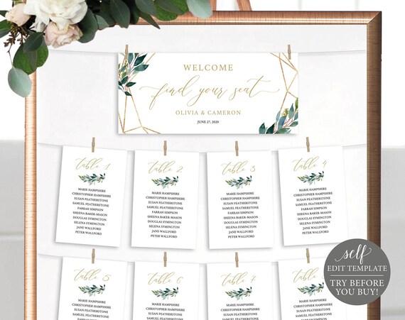 Seating Chart Sign Template Greenery Geometric Cards TRY | Etsy