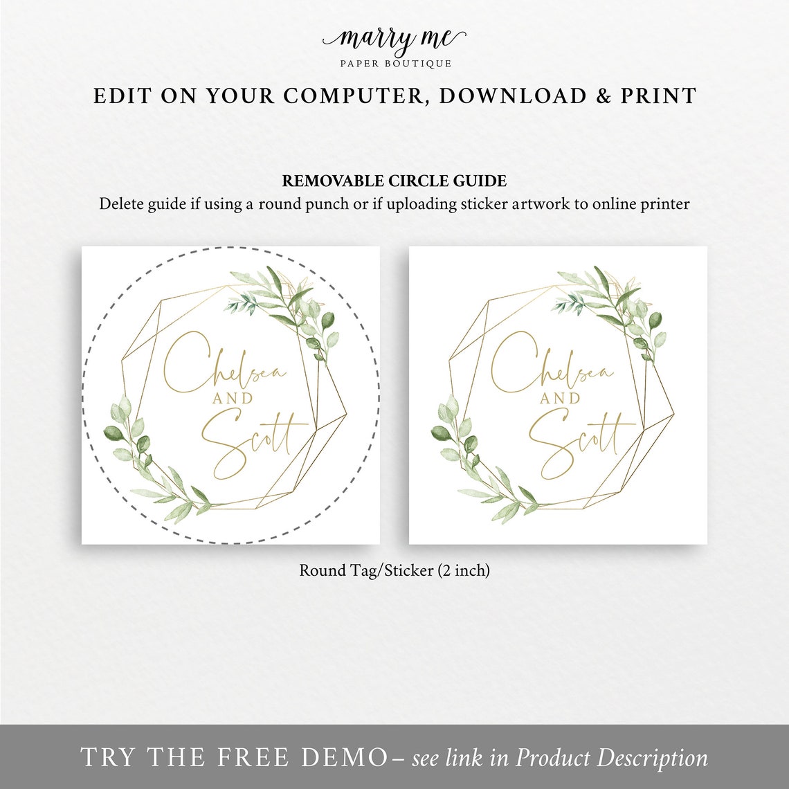 Round Favor Tag Template Greenery & Gold Round Wedding Label - Etsy