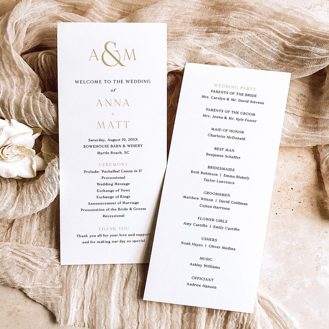 Wedding Program Template, Modern Monogram Gold, Editable, 4x9, Modern ...