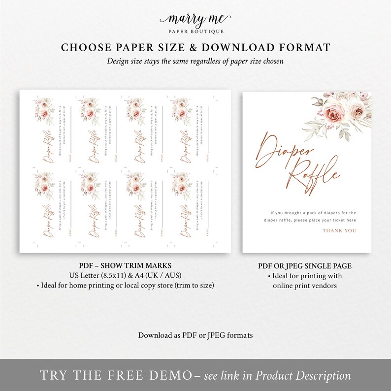 Diaper Raffle Sign Template and Ticket Elegant Floral Boho - Etsy UK