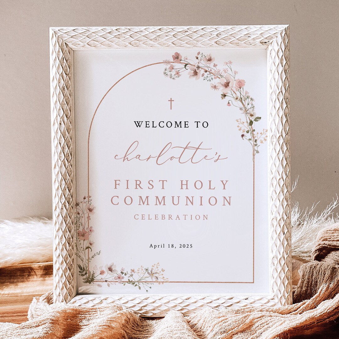 First Communion Welcome Sign Template, Pink Flowers Arch, Pink First ...