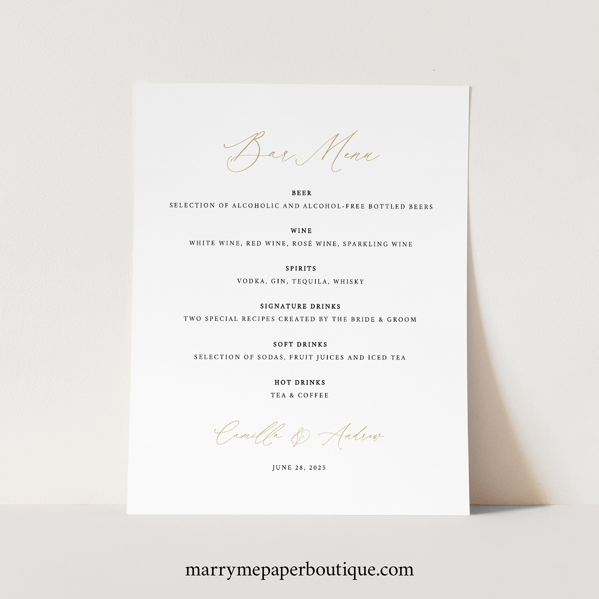 Bar Menu Template, Gold, Stylish Script, Editable, Wedding Drinks Menu ...