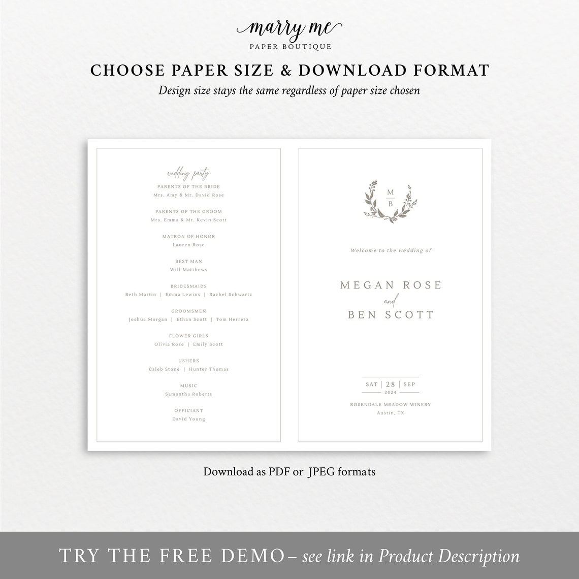 Four Page Wedding Program Template Wreath Monogram Folding - Etsy