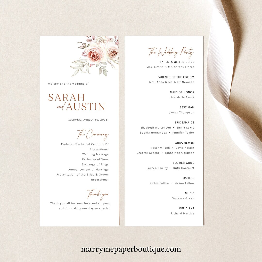 Wedding Program Template, Elegant Floral Boho, Printable, Boho Wedding ...