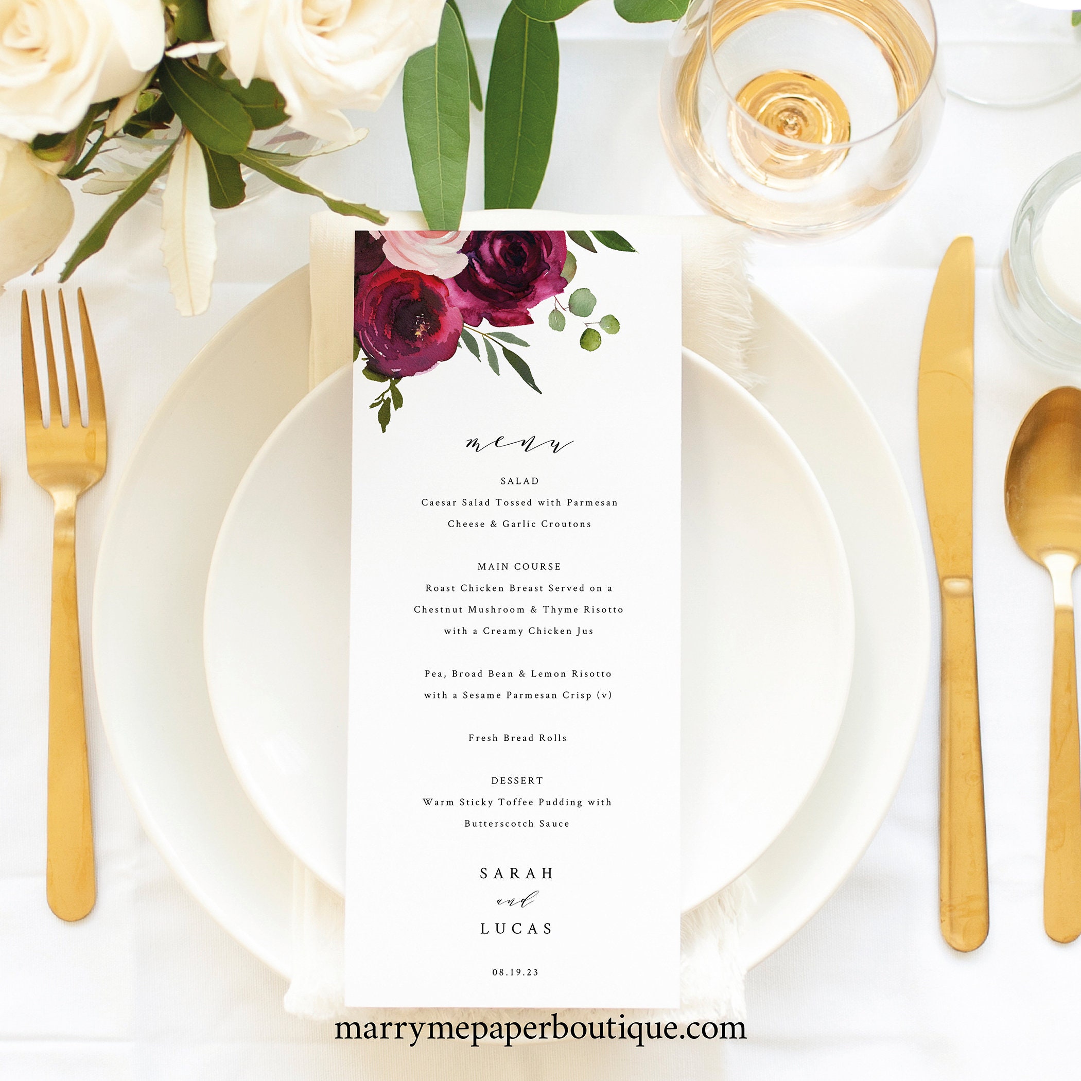 Floral Menu Template Tall Editable Burgundy Wedding Menu - Etsy