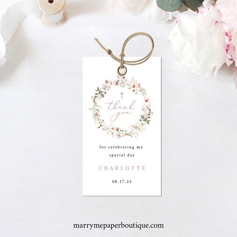 Baptism Thank You Tag Template Rustic Pink Flowers Editable | Etsy