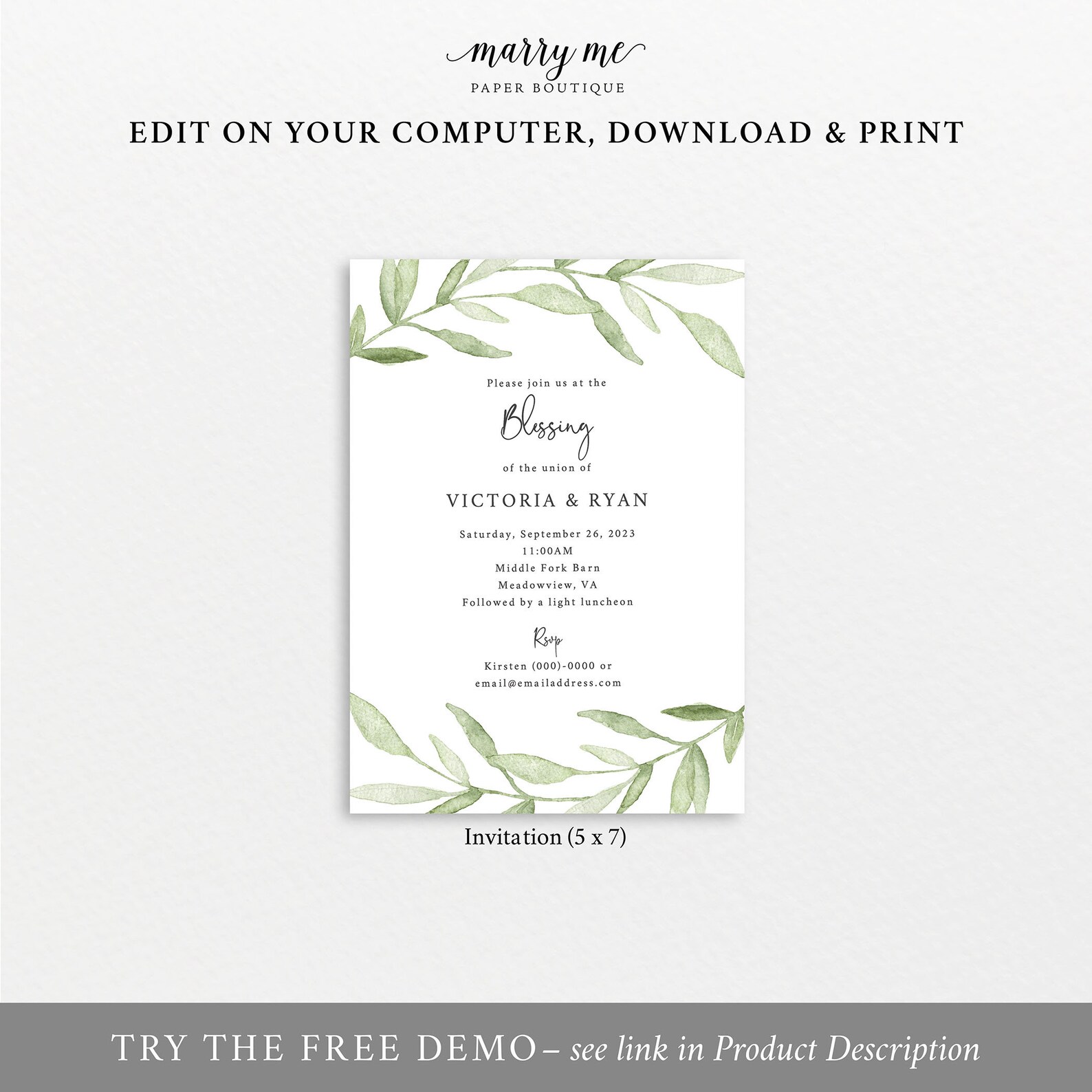 Marriage Blessing Ceremony Invitation Template Greenery - Etsy