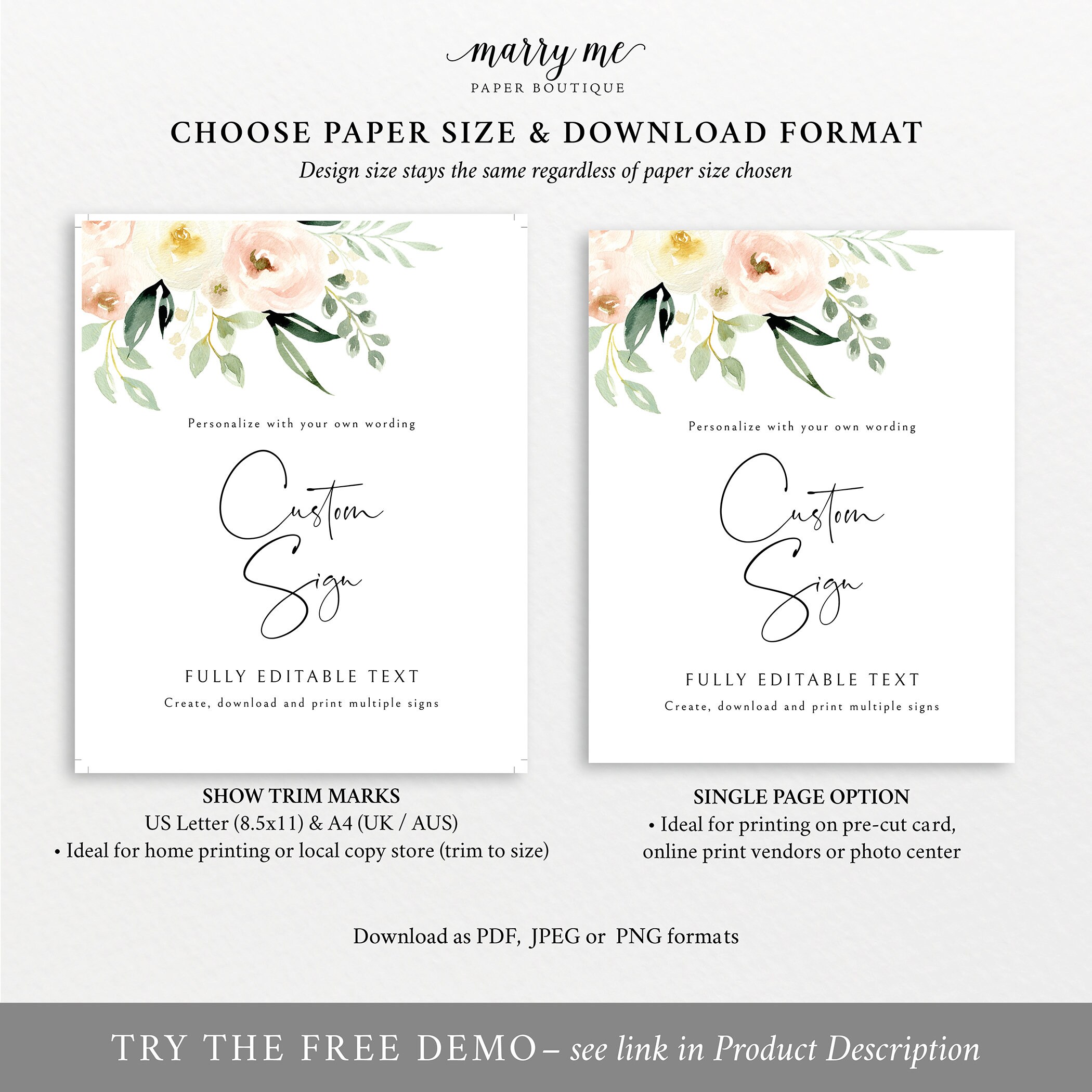 Wedding Sign Bundle Template Set Pink Floral Greenery Ivory - Etsy