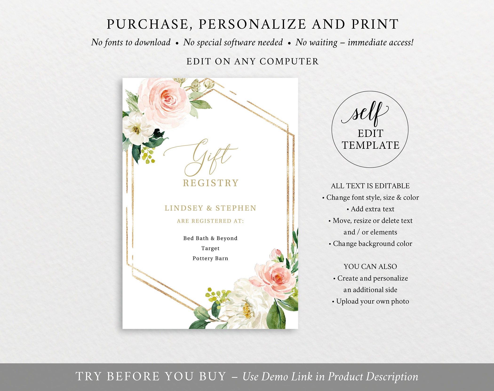 Wedding Registry Card Template TRY BEFORE You BUY Editable | Etsy