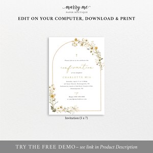 Confirmation Invitation Template, Rustic Yellow Flowers Arch, Editable ...
