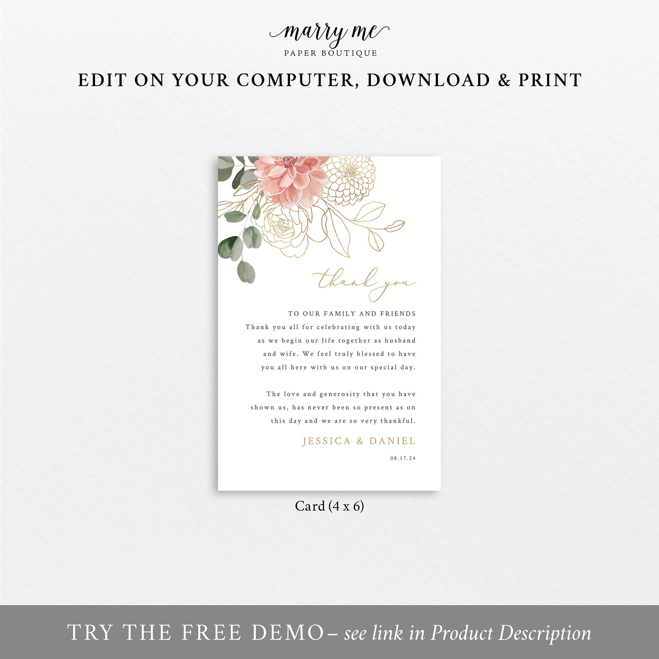 Wedding Guest Thank You Letter Template Blush & Gold Flowers - Etsy