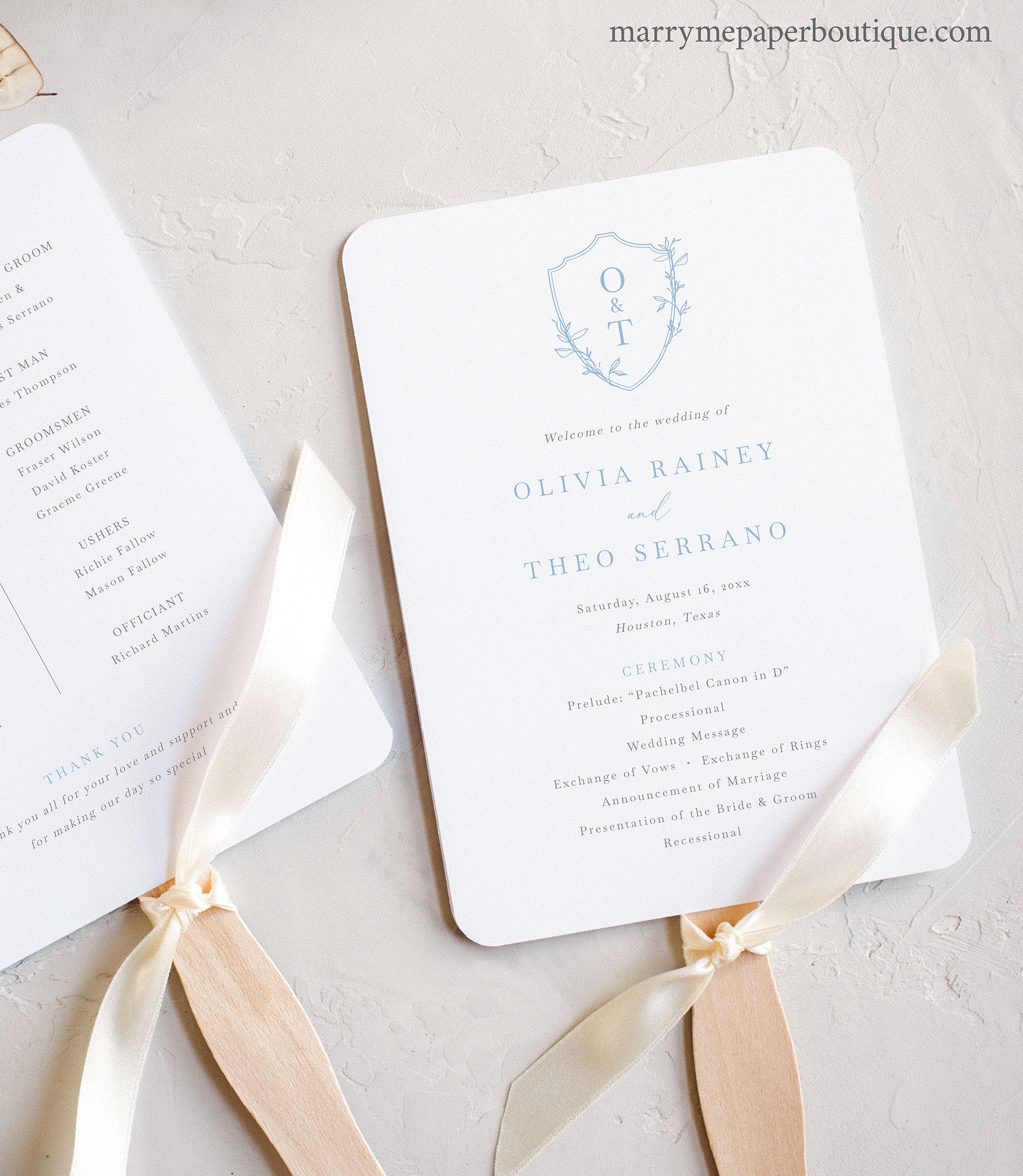 Wedding Program Fan Template Light Blue Crest Monogram Printable Wedding Fan Program Editable Ceremony Fan Templett INSTANT Download