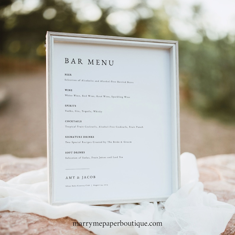 Classic Bar Menu Template Simple Wedding Drinks Menu Elegant - Etsy