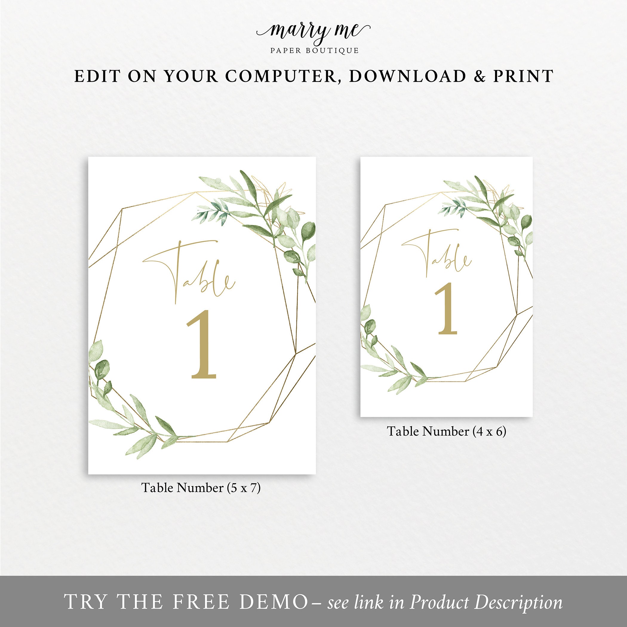 Table Number Template Greenery & Gold Editable Printable - Etsy