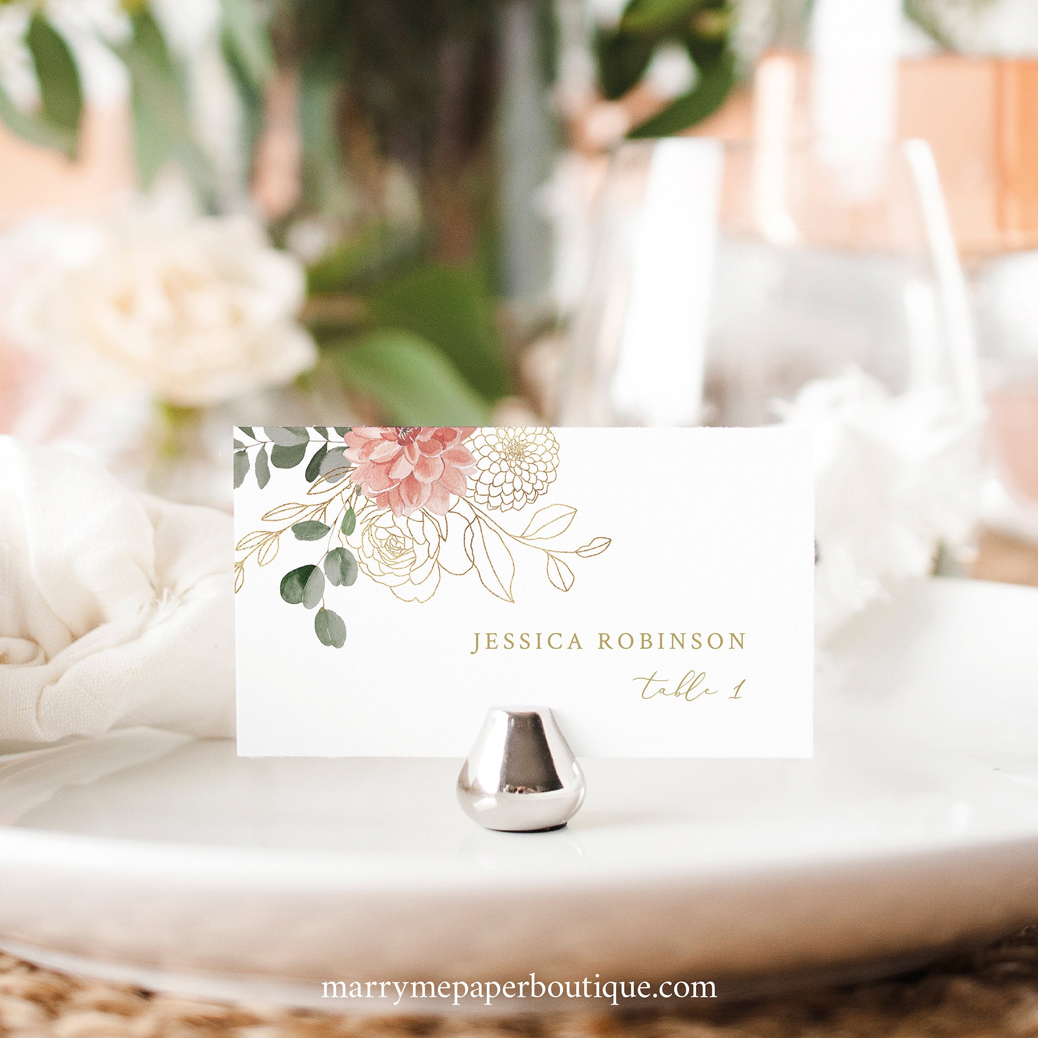 Place Card Template Blush & Gold Flowers Printable Flat and - Etsy