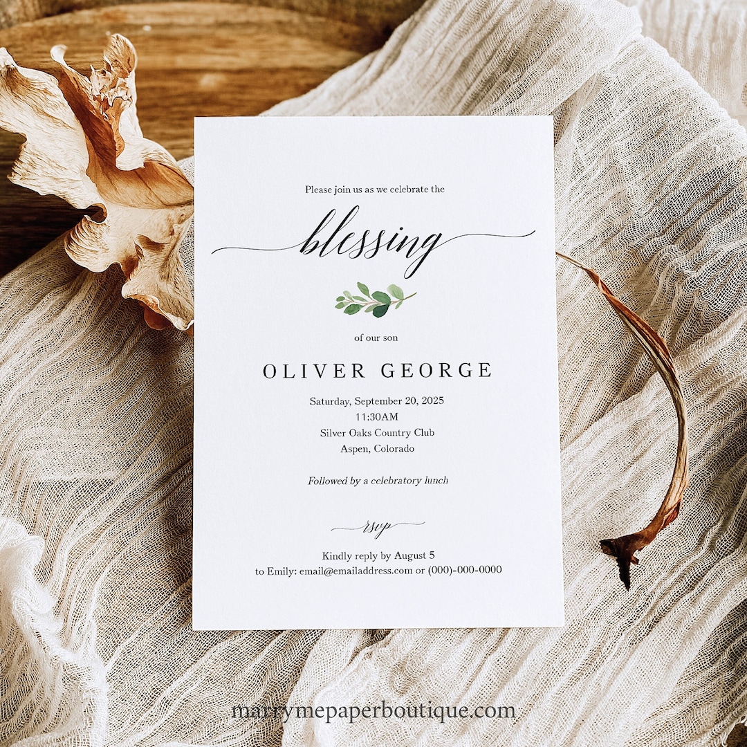 Blessing Ceremony Invitation Template, Greenery Leaf, Baby Blessing ...