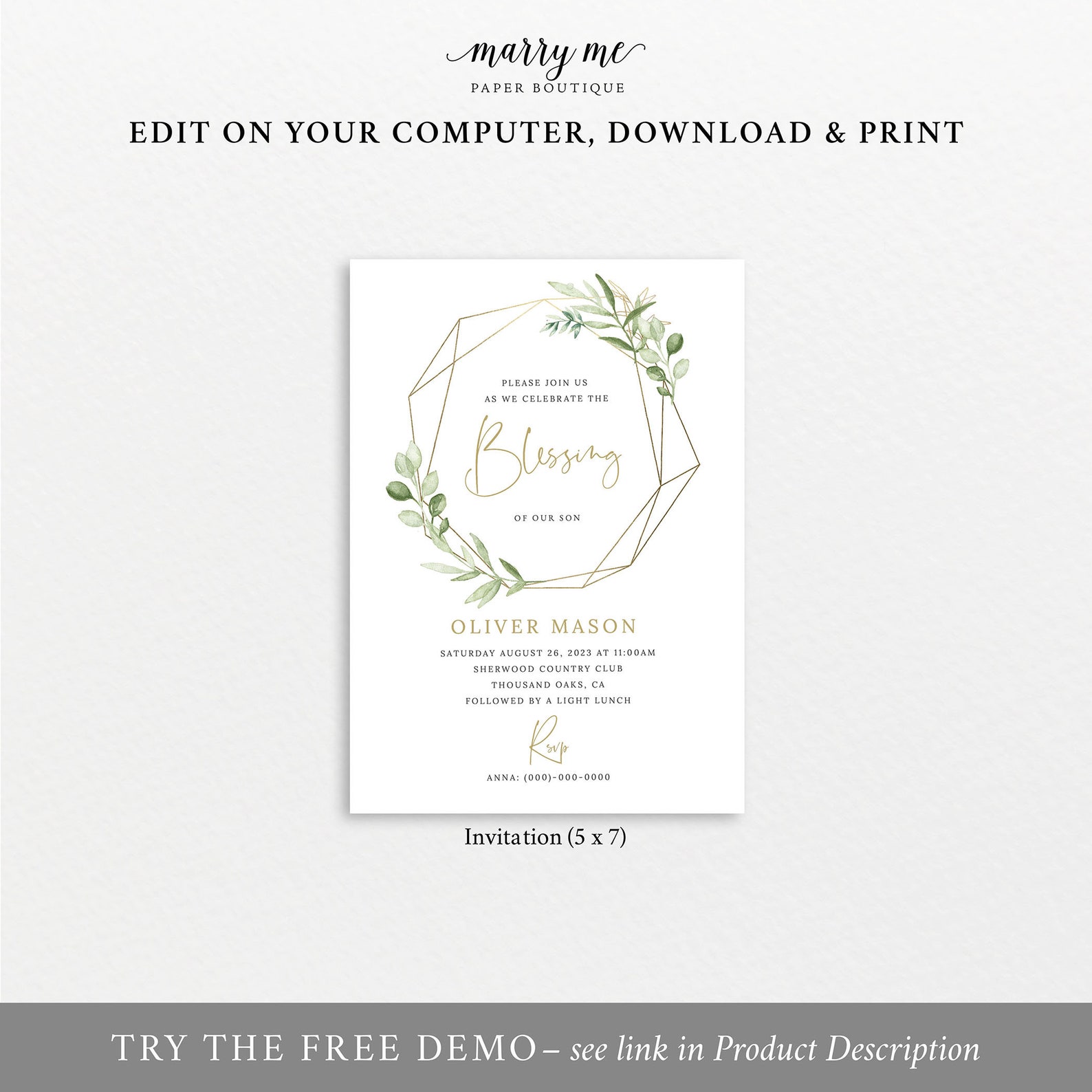 Blessing Ceremony Invitation Card Template Greenery Gold - Etsy