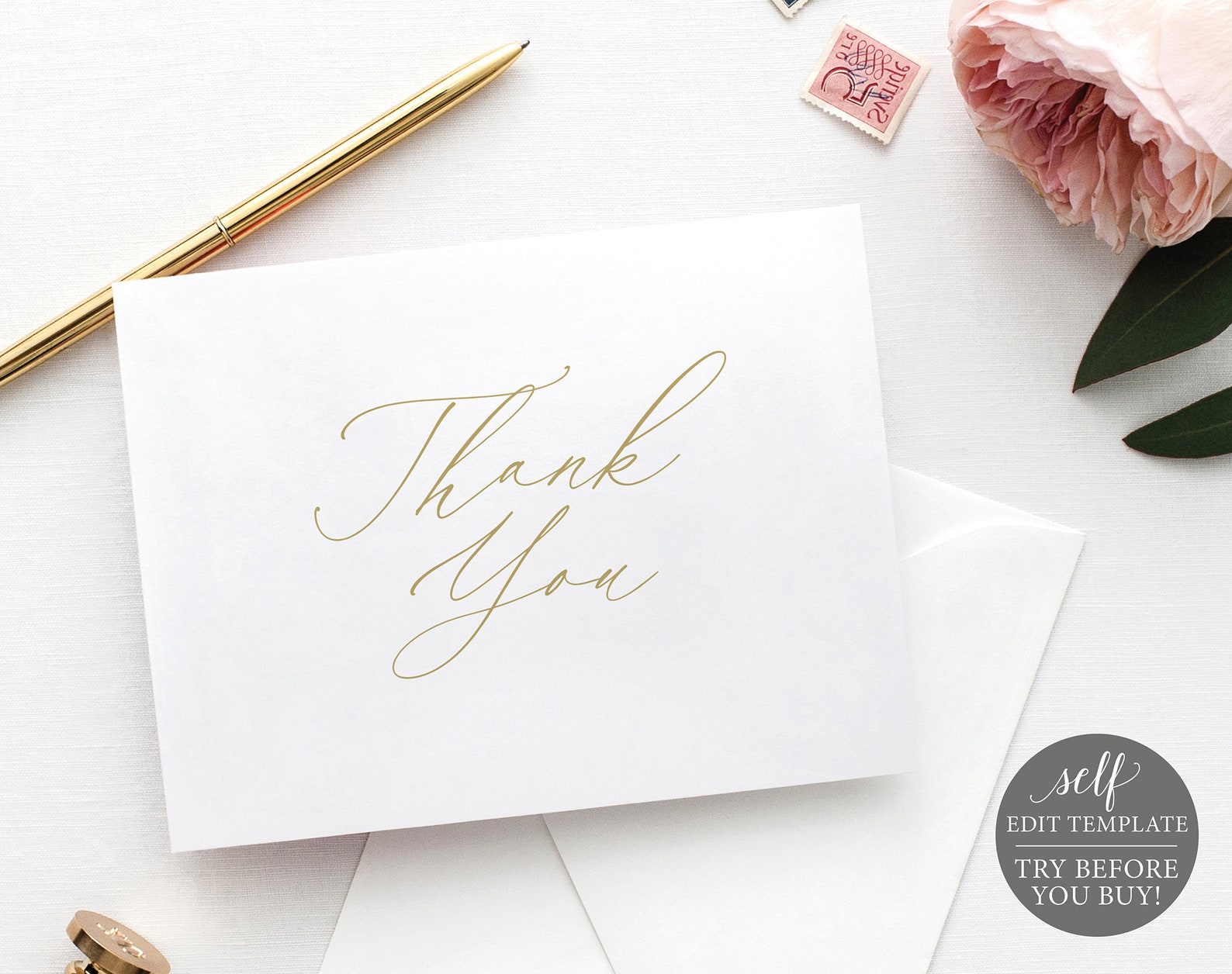 Thank You Card Template Stylish Gold Script Folded Editable | Etsy