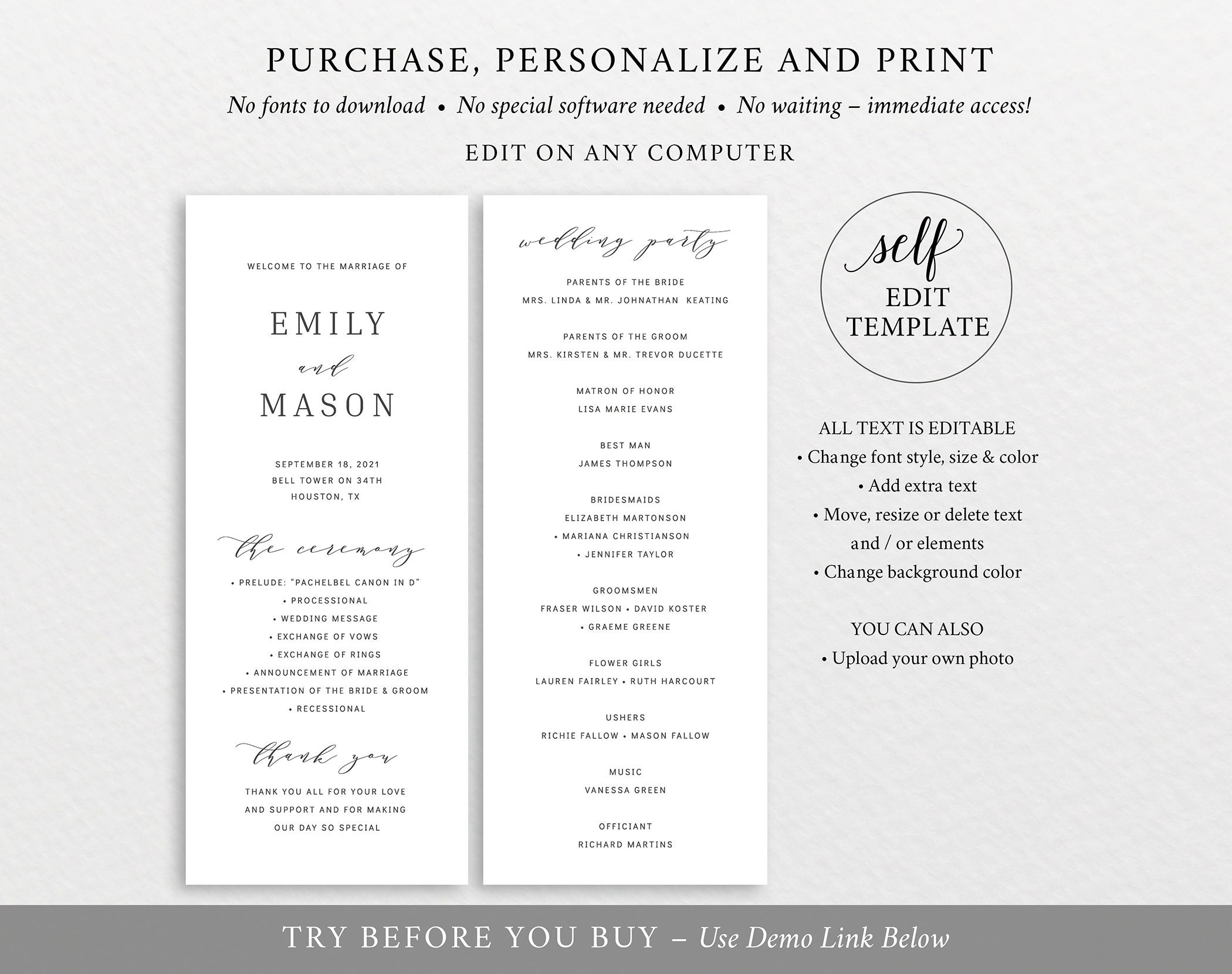 Wedding Program Template Formal & Elegant TRY BEFORE You | Etsy