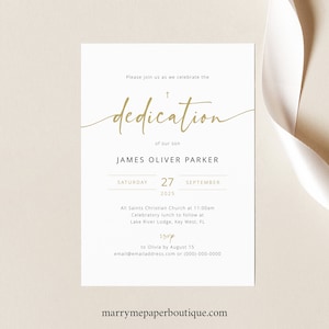Dedication Invitation Template, Gold Modern Script, Printable, Editable ...