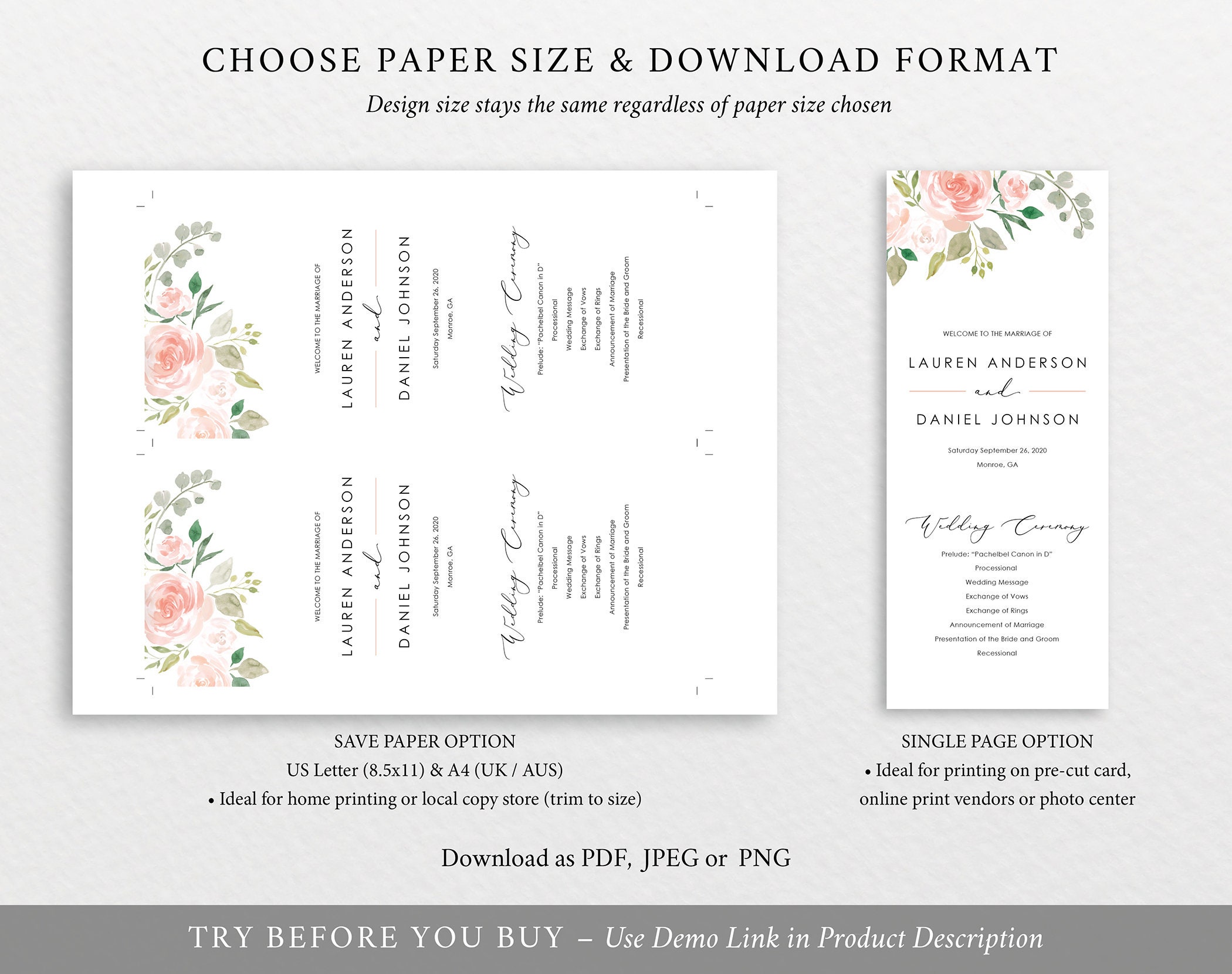 Wedding Program Template Blush Pink Floral Fully Editable | Etsy