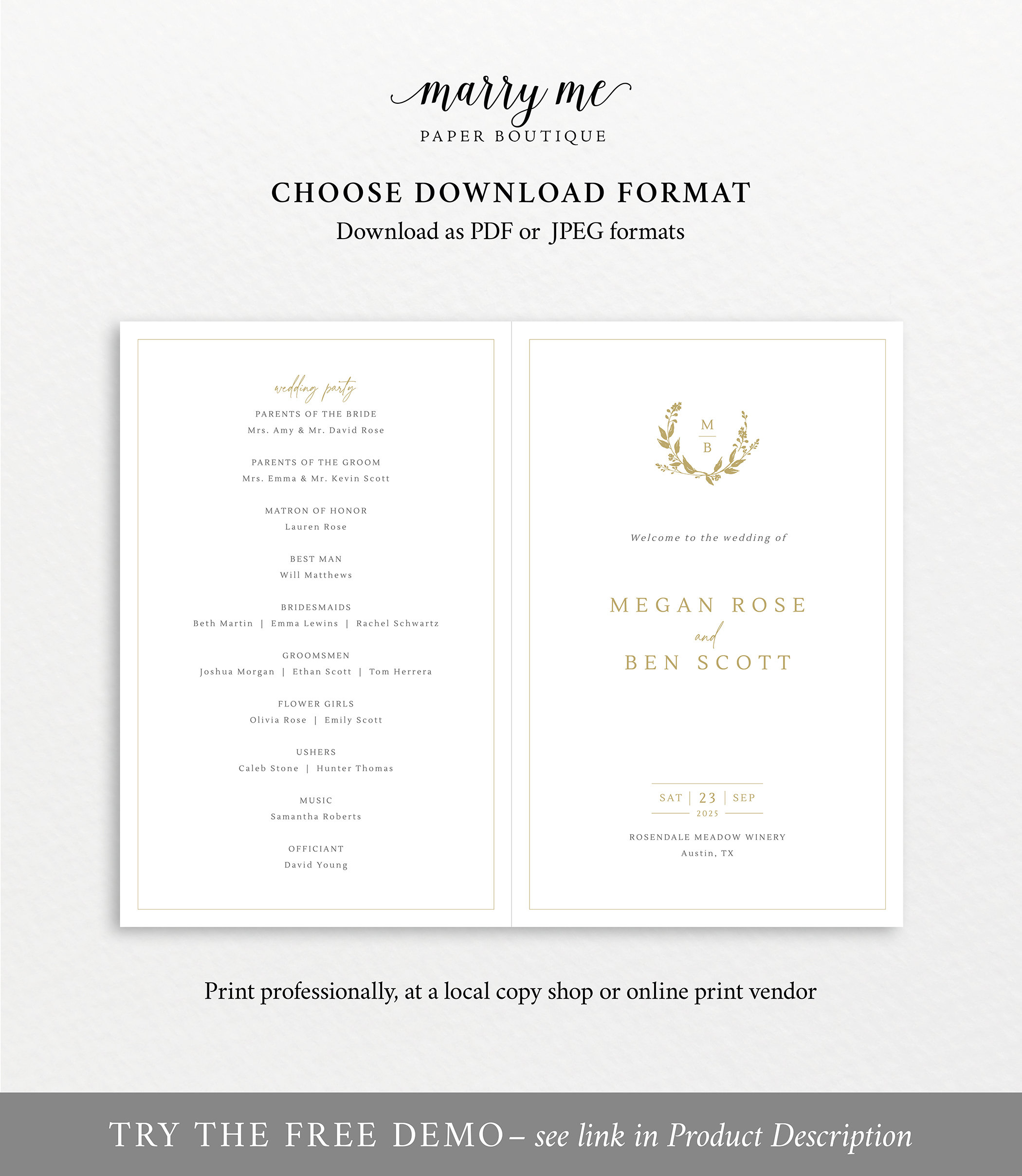 Four Page Wedding Program Template, Gold Wreath Monogram, Folded ...