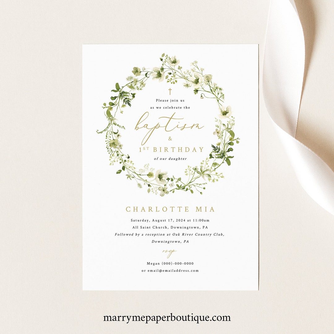 Baptism & First Birthday Invitation Template, Rustic Greenery, Baptism ...