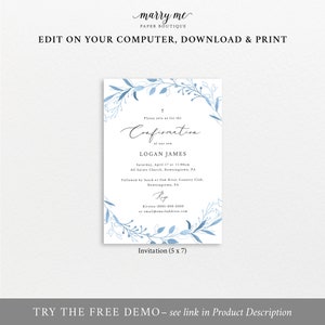 Confirmation Invitation Template, Light Blue Foliage, Editable, Blue ...