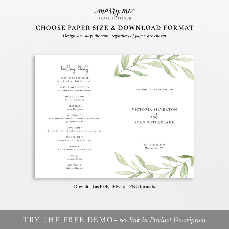 Catholic Wedding Program Template Greenery Leaves Editable - Etsy