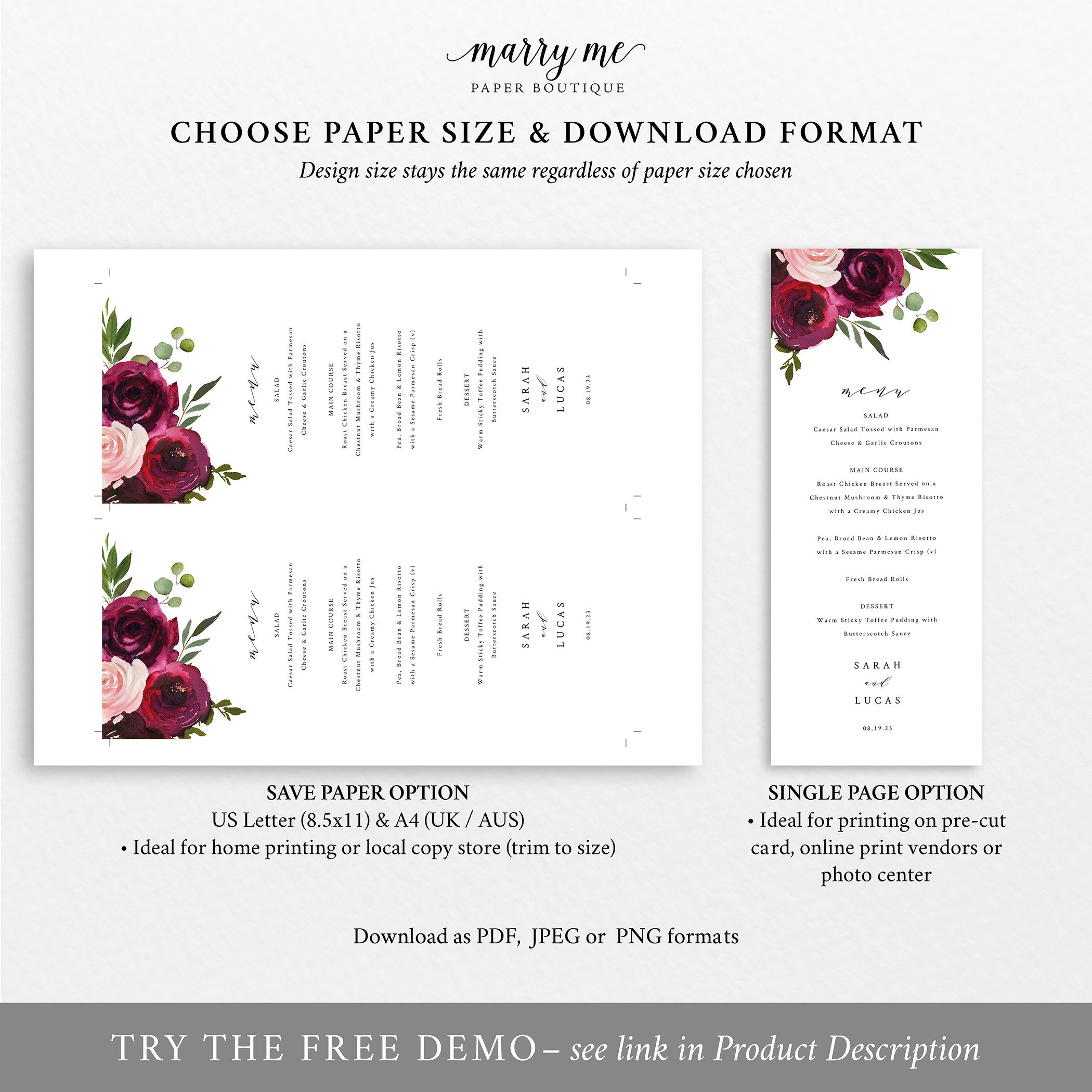 Floral Menu Template Tall Editable Burgundy Wedding Menu - Etsy