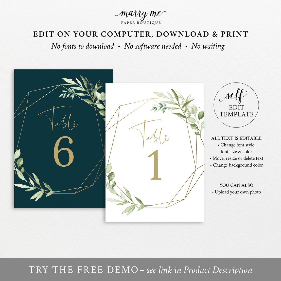 Table Number Template Greenery & Gold Editable Printable - Etsy