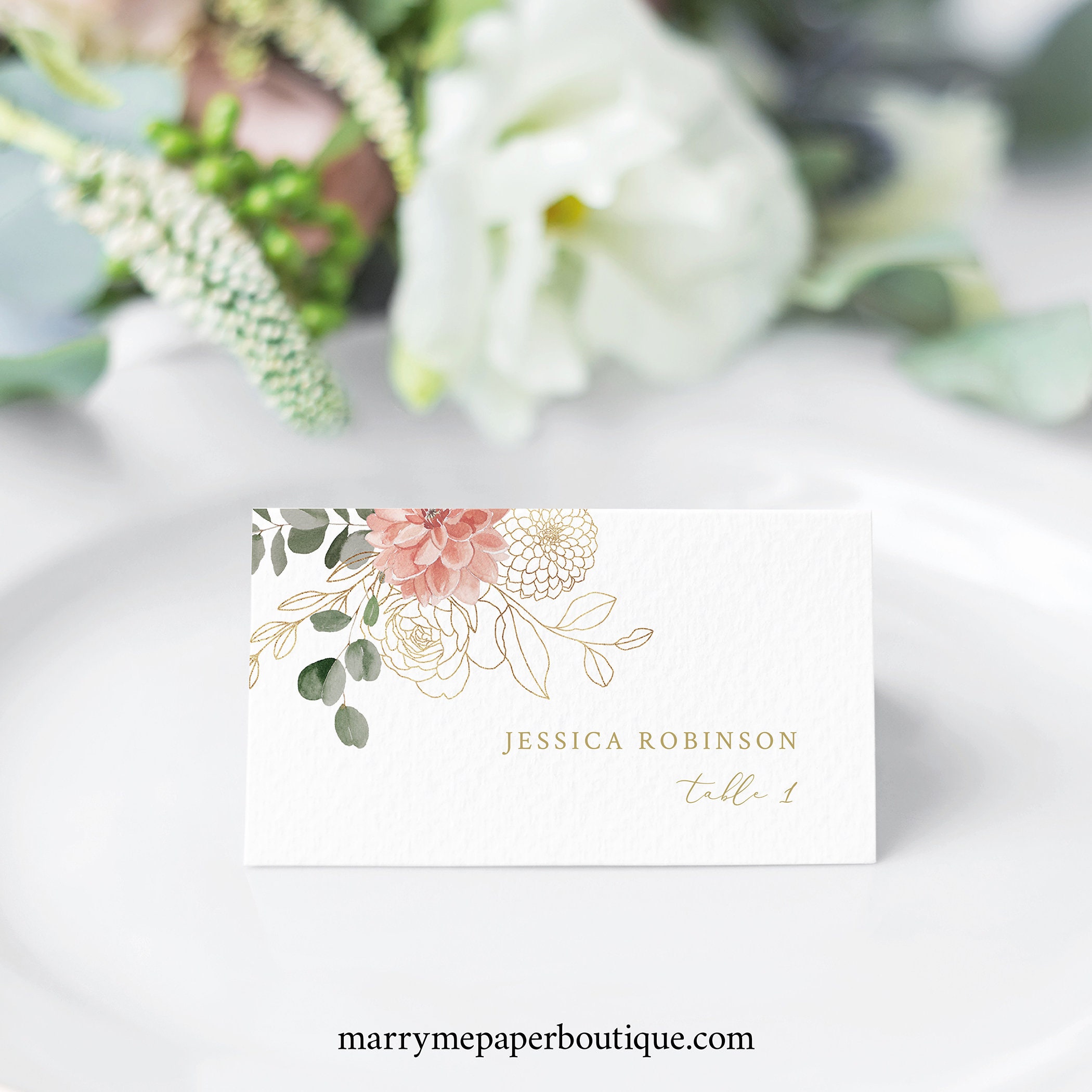 Place Card Template Blush & Gold Flowers Printable Flat and - Etsy
