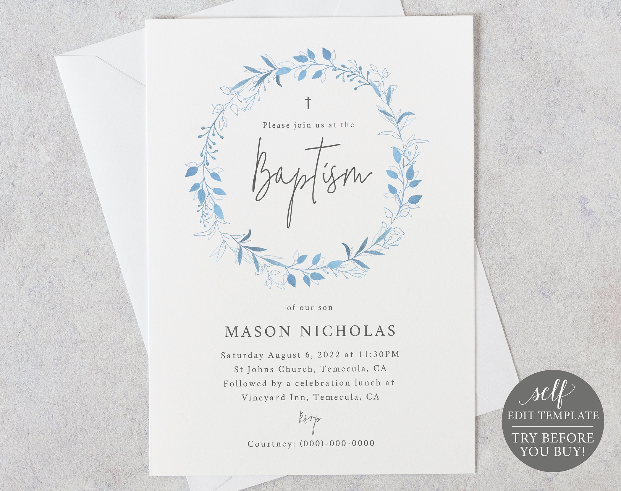 Baptism Invitation Template 5x7 Light Blue Wreath Order | Etsy
