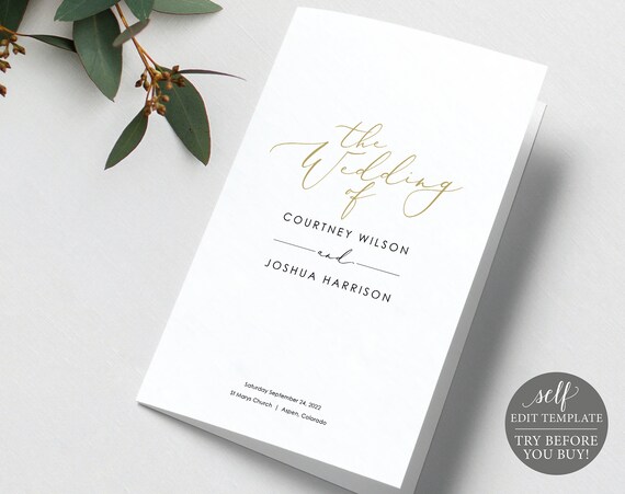 Wedding Program Template Elegant Gold Script Demo Available | Etsy