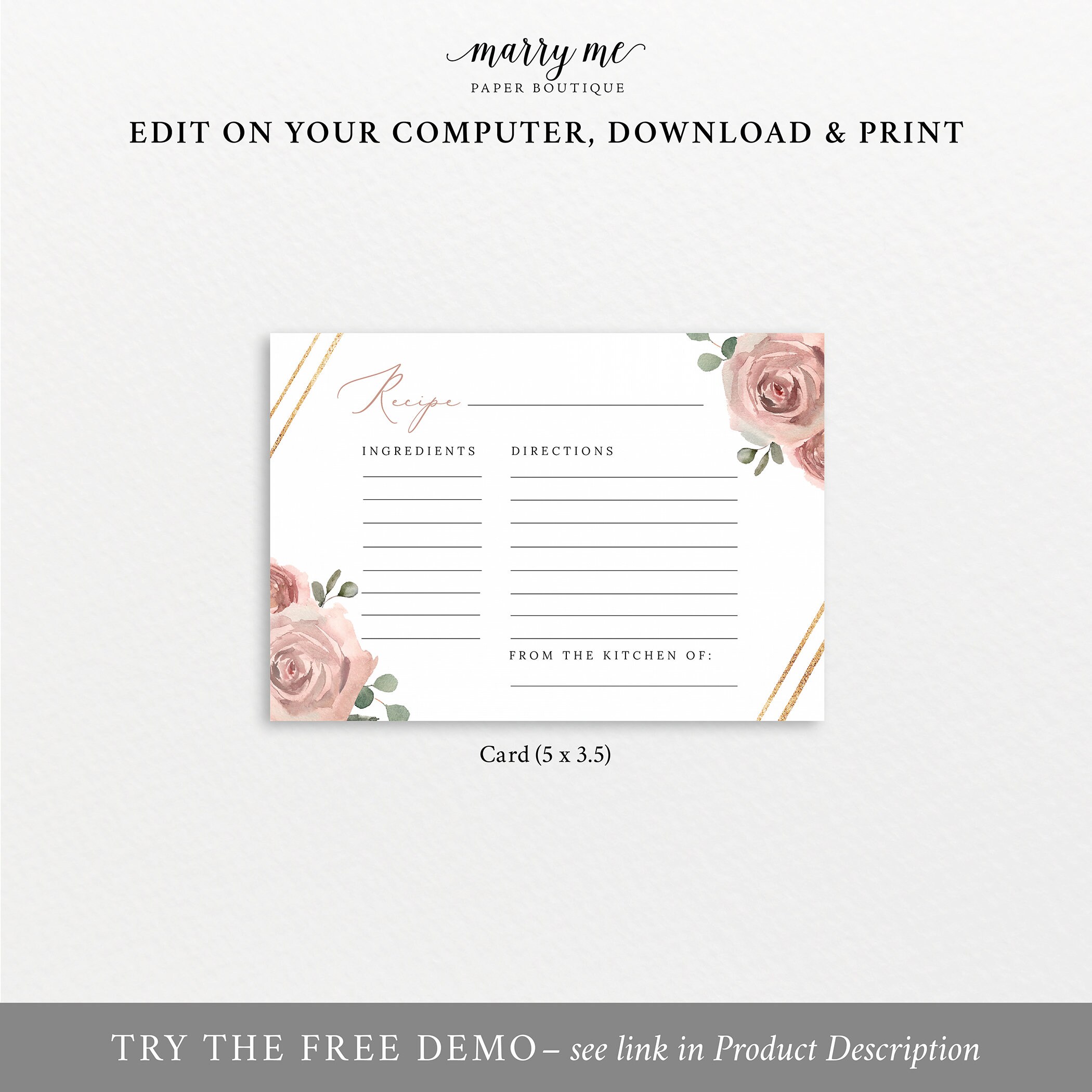 Recipe Card Template Dusky Pink Floral Recipe Card - Etsy UK