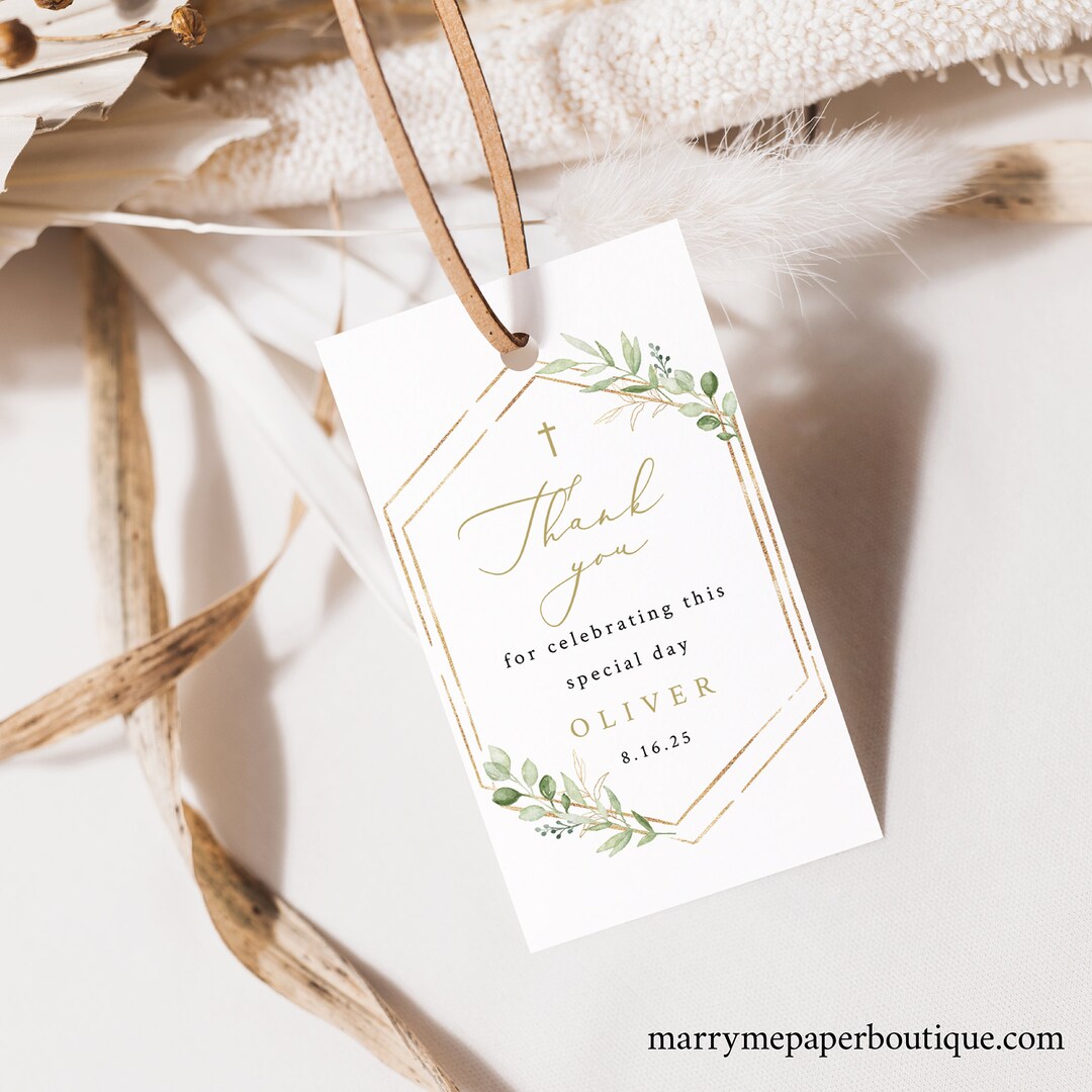 Baptism Tag Template, Greenery Hexagonal, Editable, Greenery Baptism ...