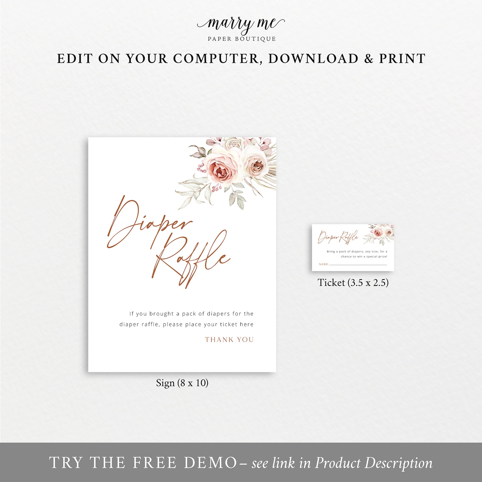 Diaper Raffle Sign Template and Ticket Elegant Floral Boho - Etsy UK