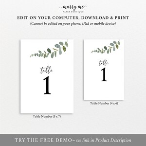 Table Number Template, Eucalyptus Greenery, Table Number Sign Printable ...