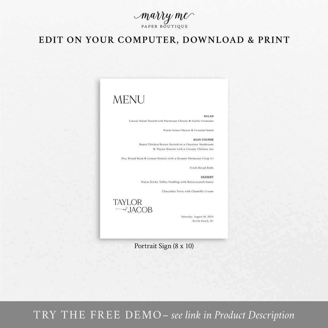 Wedding Menu Sign Template Modern & Classic Wedding Table - Etsy