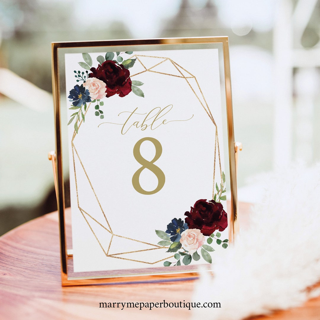 Table Number Sign Template, Burgundy Geometric, Demo Available ...