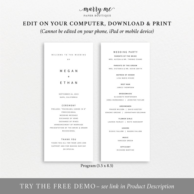 Minimalist Wedding Program Template Modern Program Printable - Etsy